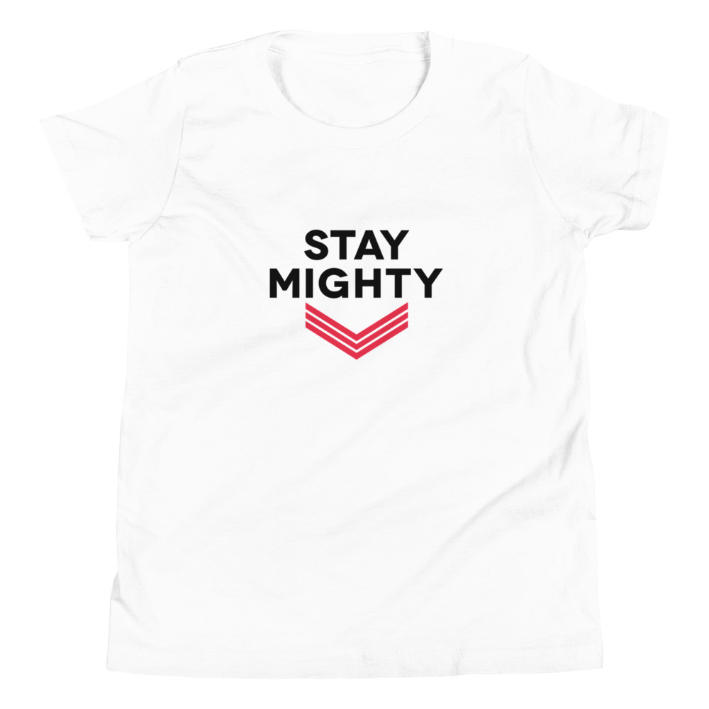 Male Stay Mighty by Melanie Muto Men’s T-Shirt, Black Red Logo | MILLIONS